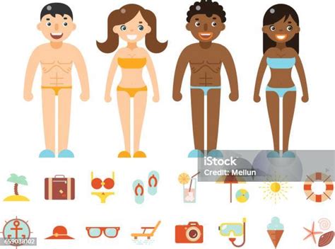 여름 휴가 남성 여성 캐릭터 색상 해변 리조트 액세서리 벡터 기호 아이콘 평면 디자인 템플릿 일러스트 가정용 캠코더에 대한 스톡 벡터 아트 및 기타 이미지 Istock