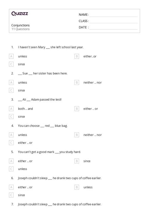 50 Conjunctions Worksheets For 6th Grade On Quizizz Free And Printable