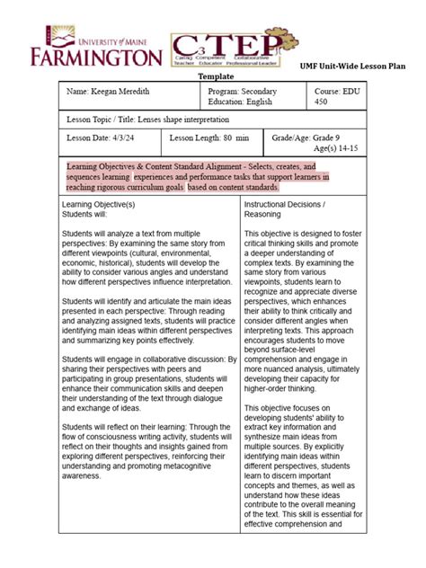 day 4 lesson plan for analysis unit 1 pdf learning reading