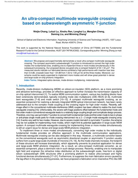 Pdf An Ultracompact Multimode Waveguide Crossing Based On Subwavelength Asymmetric Y Junction