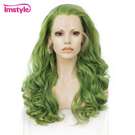 Imstyle Green Wig Synthetic Lace Front Wig Wavy Long 24 Inch Natural