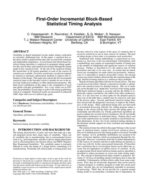 Pdf First Order Incremental Block Based Statistical Timing Analysis