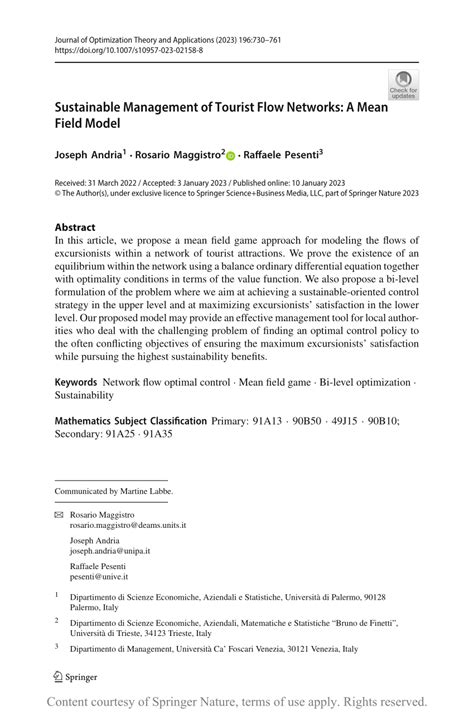 Sustainable Management Of Tourist Flow Networks A Mean Field Model Request Pdf