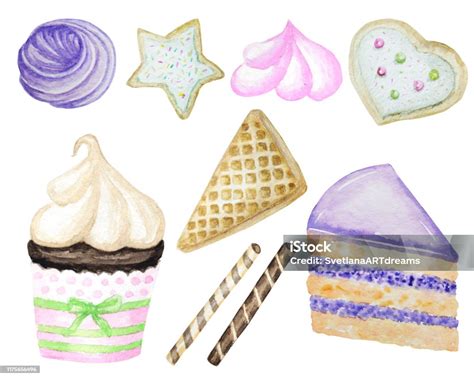 크림과 비스킷 와플 레이어 케이크와 컵 케이크의 조각과 과자 손으로 그린 사막의 세트 흰색 배경에 고립 된 수채화 맛있는 음식 그림 달콤하고 아름다운 디저트 수채화에 대한