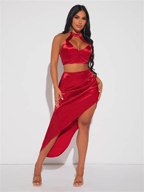 SHEIN SXY Top Halter Con Abertura Delantera Falda De Muslo Con Abertura