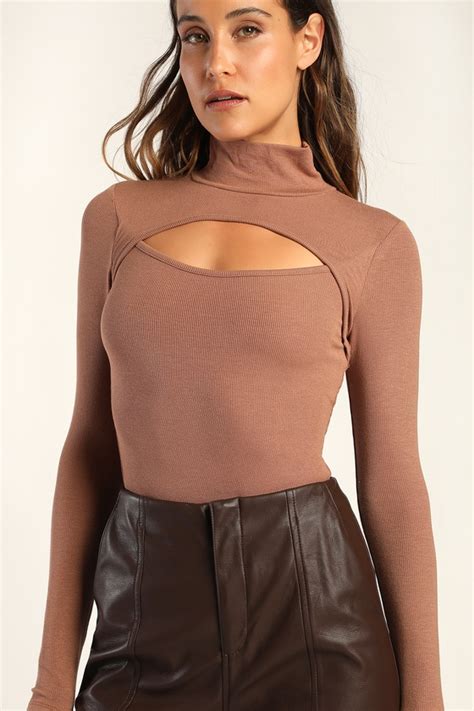 Light Brown Ribbed Knit Top Long Sleeve Top Cutout Top Lulus