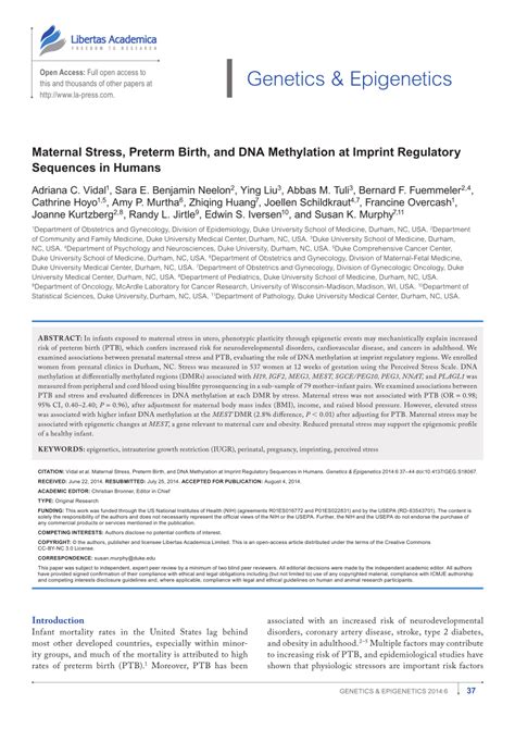 Pdf Maternal Stress Preterm Birth And Dna Methylation At Imprint