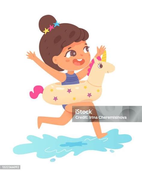 여름 방학에 물에 실행 소녀 풍선 플로트 벡터 일러스트레이션에서 재미를 가진 어린 아이 하얀 배경에 해변이나 수영장에서 휴가를