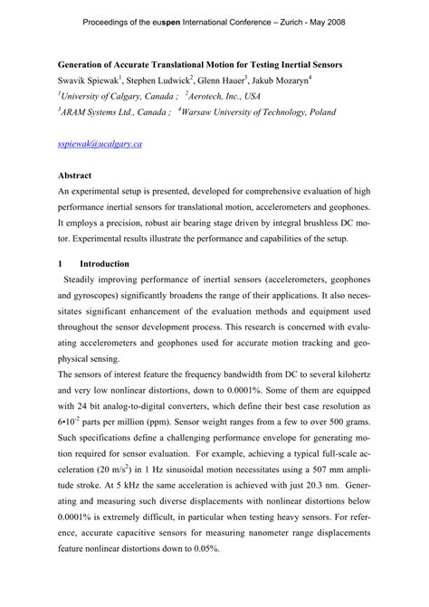 Pdf Generation Of Accurate Translational Motion For Testing Inertial Sensors