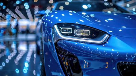 Blue Electric Luxury Car With Modern Technology And Shiny Headlight At