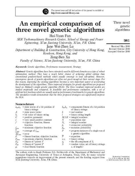 Pdf An Empirical Comparison Of Three Novel Genetic Algorithms