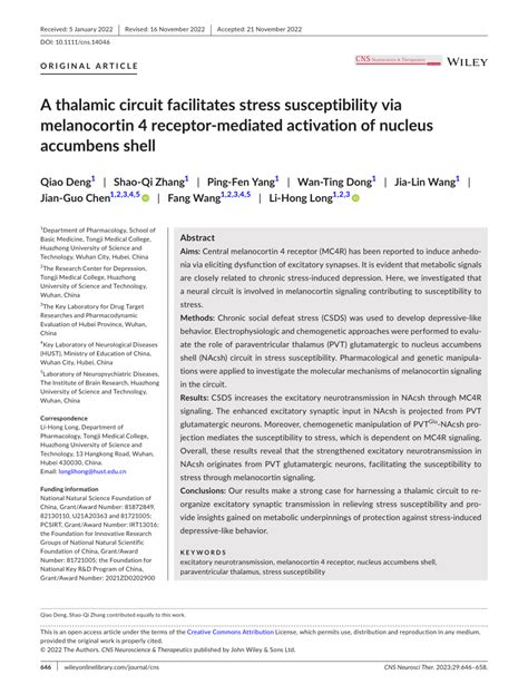 Pdf A Thalamic Circuit Facilitates Stress Susceptibility Via Melanocortin 4 Receptor‐mediated
