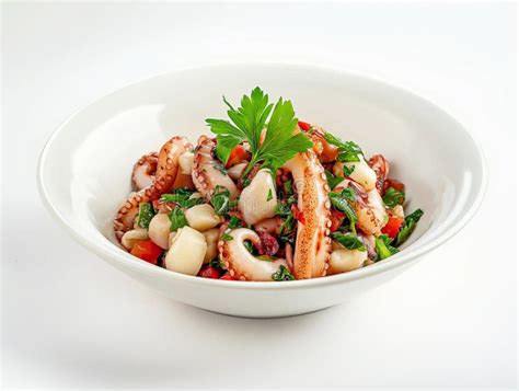 The Image Displays A Vibrant Seafood Salad In A White Bowl Featuring