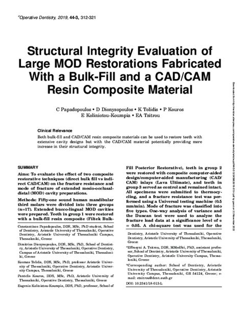 Pdf Structural Integrity Evaluation Of Large Mod Restorations Fabricated With A Bulk Fill And