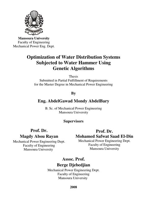 Pdf Optimization Of Water Distribution Systems Subjected To Water Hammer Using Genetic