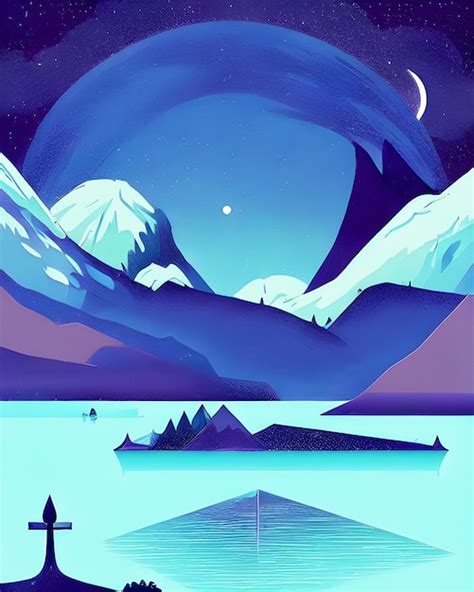 산 호수 초승달이 있는 은하계 겨울 풍경 벡터 일러스트 레이 션 프리미엄 벡터