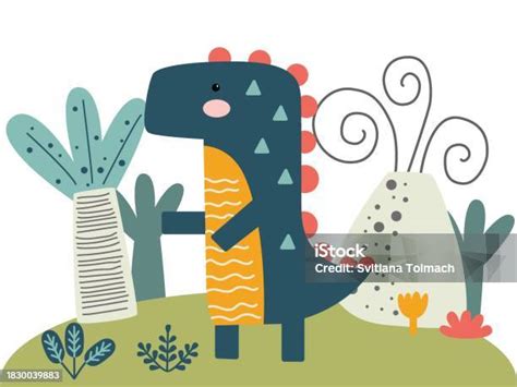 귀여운 아기 쥬라기 공룡 알 잎 화산 세트입니다 유치한 선사 시대 공룡 고생물학 브론토사우루스 벨로시랩터 트리케라톱스 티렉스 티라노사우루스 익룡 만화 벡터입니다 고대의에