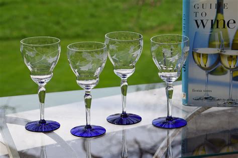 4 Vintage Etched With Cobalt Blue Wine Glasses Circa 1950 Vintage