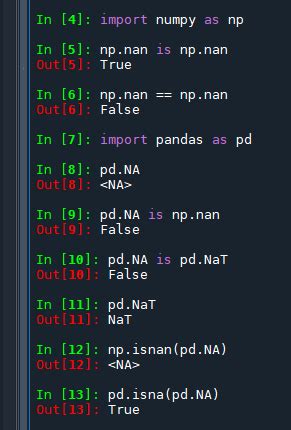 Python numpy nan 與 pandas NA pandas NaT 有何差別 numpy isnan 只能判斷float的np nan pandas isna 不只