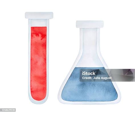 테스트 튜브와 유리 화학 플라스크 두 가지 화학 유리 제품의 수채화 세트 흰색 배경에 손으로 그린 물 색깔 지저분한 그래픽 디자인 장식클립 아트 요소를 잘라 Dna에 대한
