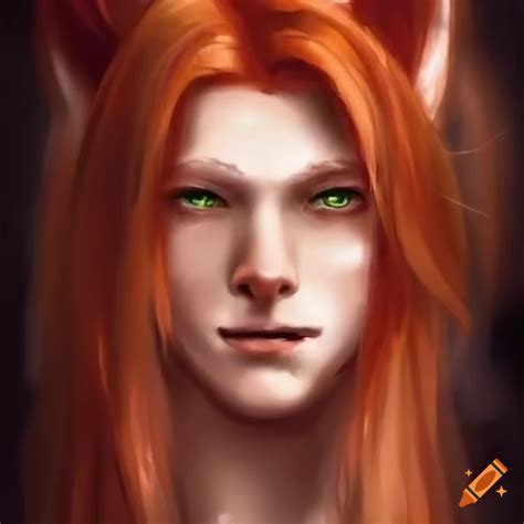 Young Man With Red Hair Green Eyes And Fox Ears Giving A Playful