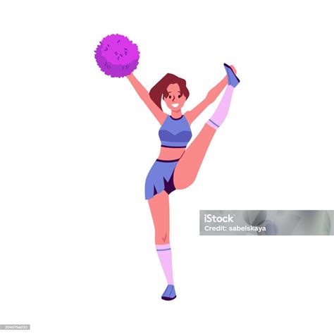 예쁜 치어 리더는 응원봉을 들고 행동에서 춤을 추고 벡터 만화 캐릭터는 서있는 동안 분할을 수행합니다 Championship에