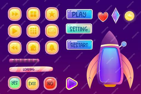 Premium Vector Space Assets Game Ui Interface Kit With Button And Screen Rocket Isolated