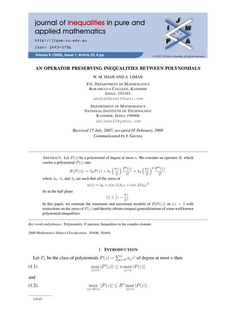 Download Pdf An Operator Preserving Inequalities Between Polynomials