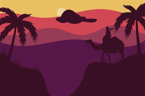 Premium Vector Sunset Camel Palm Tree Panorama Vector Design Background