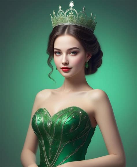 Beautiful Girl In A Green Dress With A Crown On Her Head Premium Ai