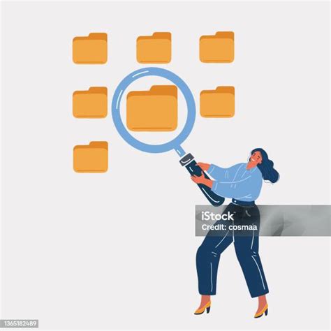 폴더의 많은 벡터 그림 확대 유리와 파일을 검색하고 인덱싱 하는 여자 파일 관리자 데이터 저장소 파일 검색 검색에 대한 스톡