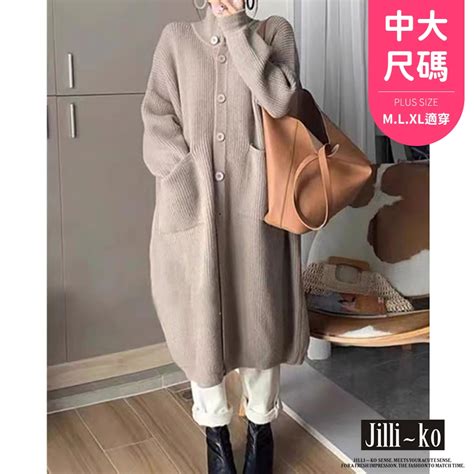 Jilli Ko 慵懶風寬鬆高領長款毛衣針織外套中大碼 卡其灰 針織外套 Yahoo奇摩購物中心