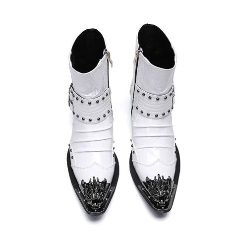 Mens New Style Zip Buckle Dress Boots Fashion Mens Rivet White Boot