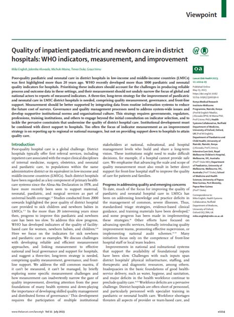 Quality Of Inpatient Paediatric And Newborn Care In District Hospitals