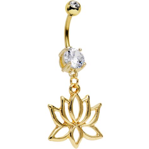clear gem gold plated framework lotus flower dangle belly ring bodycandy