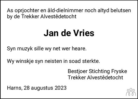 Jan De Vries Overlijdensbericht En Condoleances Mensenlinq Nl