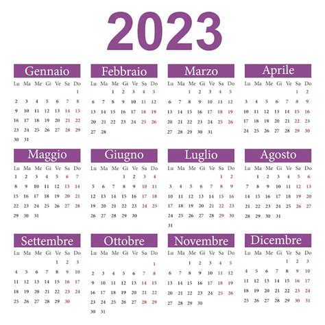 2023년 이탈리아어 달력은 월요일 벡터 일러스트레이션에서 시작됩니다 프리미엄 벡터