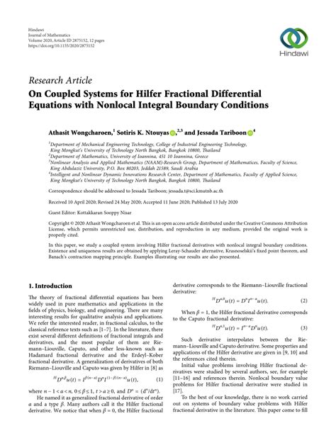 Pdf On Coupled Systems For Hilfer Fractional Differential Equations