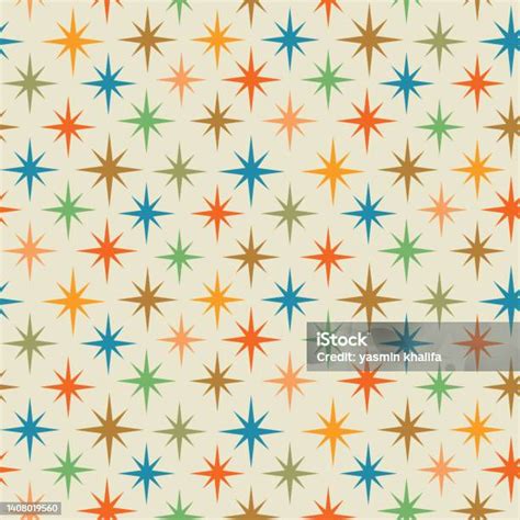 중반 세기 현대 다채로운 원자 별은 파란색 녹색 노란색 주황색 및 산호로 폭발합니다 미드센추리 스타일에 대한 스톡 벡터 아트 및 기타 이미지 미드센추리 스타일 1950