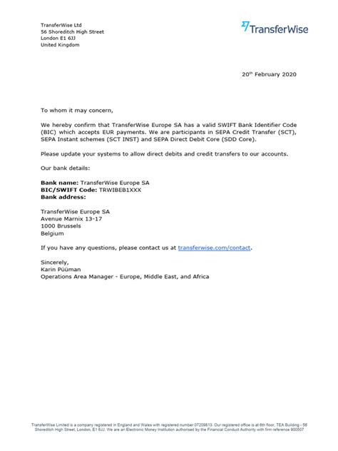 Transferwise Letter To Banks Pdf
