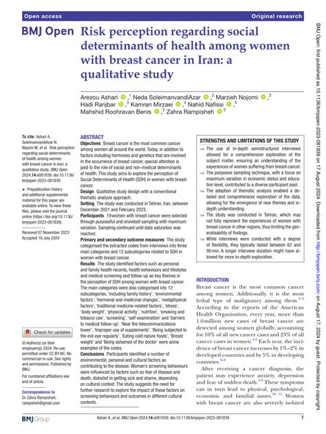 Pdf Risk Perception Regarding Social Determinants Of Health Among Women With Breast Cancer In