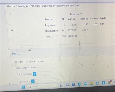 Solved Use The Following Anova Table For Regression To