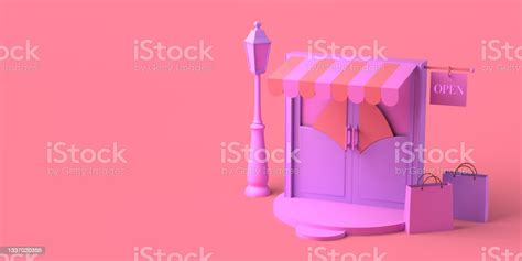 최소한의 컨셉 스토어 오픈 사인과 쇼핑백이 있는 도어 공간을 복사합니다 3d 일러스트레이션 온라인 쇼핑 3차원 형태에 대한 스톡