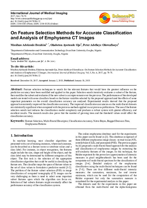 Pdf On Feature Selection Methods For Accurate Classification And Analysis Of Emphysema Ct Images