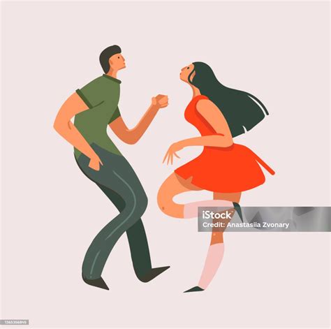 손으로 그린된 벡터 추상 만화 현대 그래픽 행복 한 발렌타인 하루 개념 삽화 예술 카드 춤 커플 함께 파스텔 컬러 배경에 고립