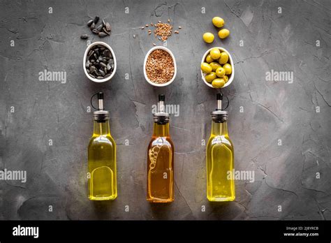 Bottles Of Different Types Cooking Oil Sunflower Olive And Sesame Oil
