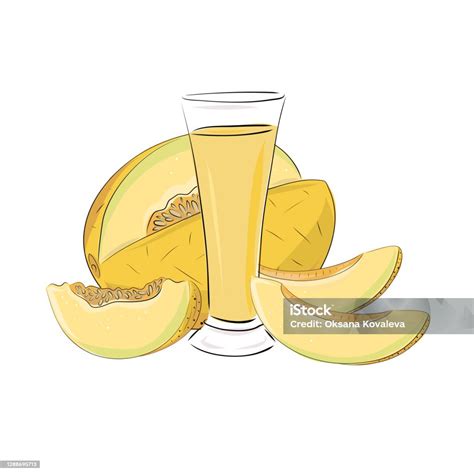 멜론 주스 사과와 슬라이스를 곁들인 유리 흰색 배경에 스무디 음료 해독 다이어트 건강한 라이프 스타일 음식 낙서 손으로 그린 벡터 그림 스케치 감귤류 과일에 대한 스톡 벡터