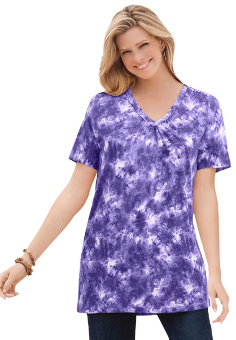 Woman Within Womens Plus Size Perfect Printed Short Sleeve Shirred V
