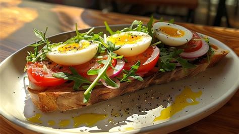 Premium Photo Toast With Egg Tomato Radish And Arugula