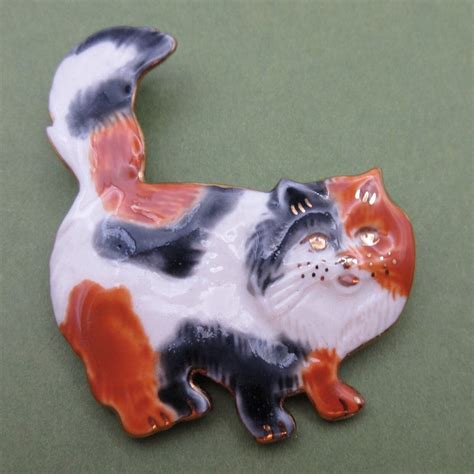 Vintage Porcelain Calico Cat Kitty Pin Brooch Handmade Artisan Signed C